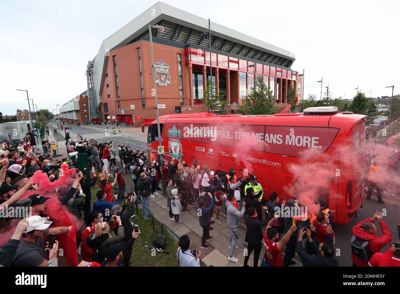 File photo dated 22-07-2020 of Liverpool fans set off flares outside ...