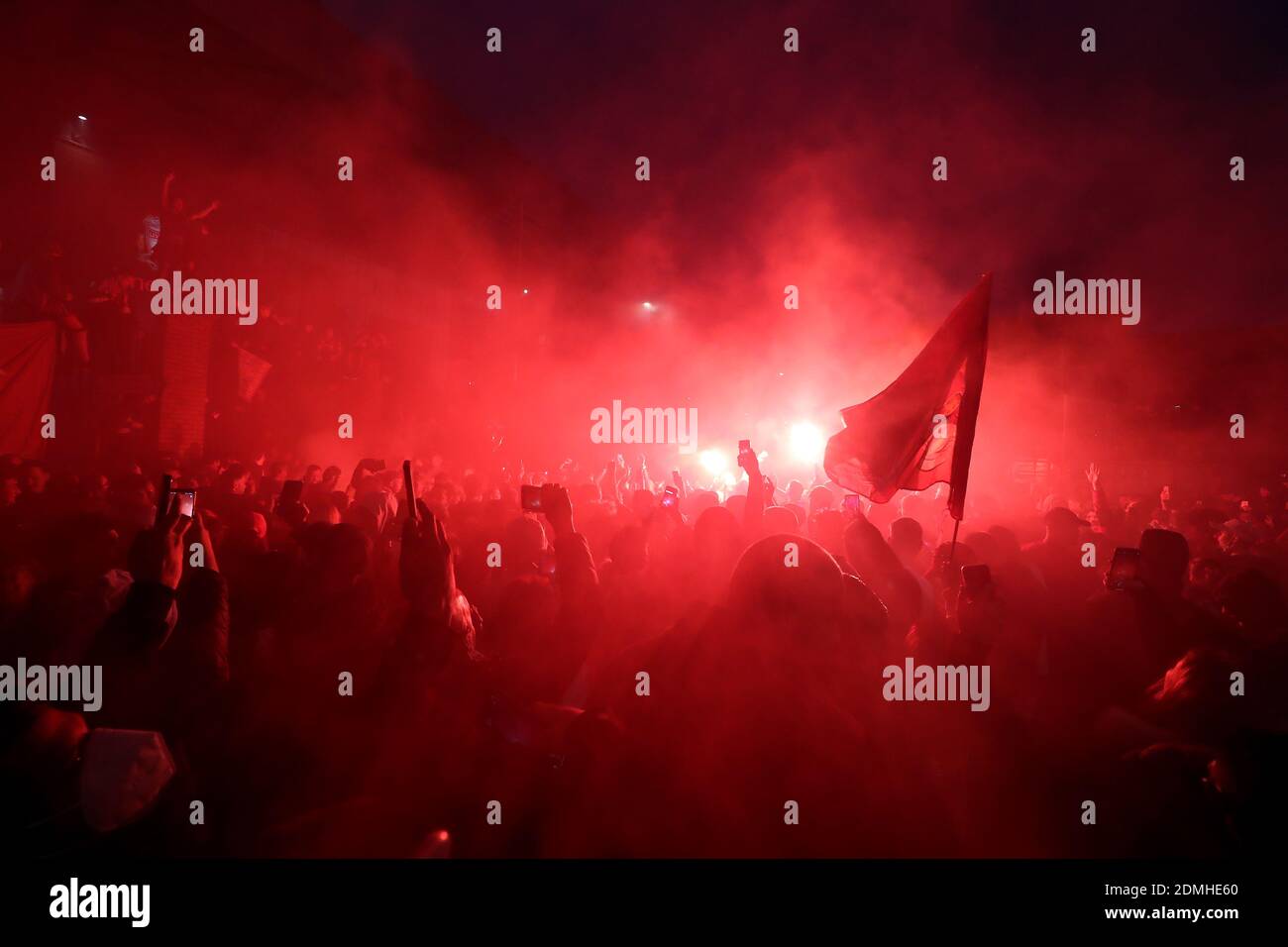 File photo dated 22-07-2020 of Liverpool fans celebrate outside Anfield ...