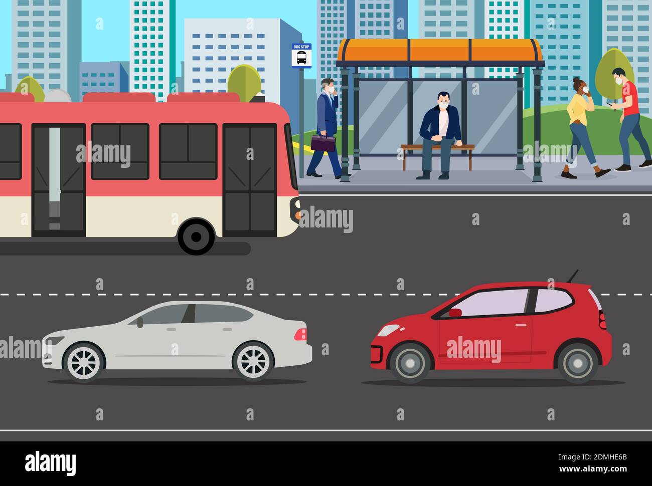 People at Bus stop with car on street urban background.Public park with ...