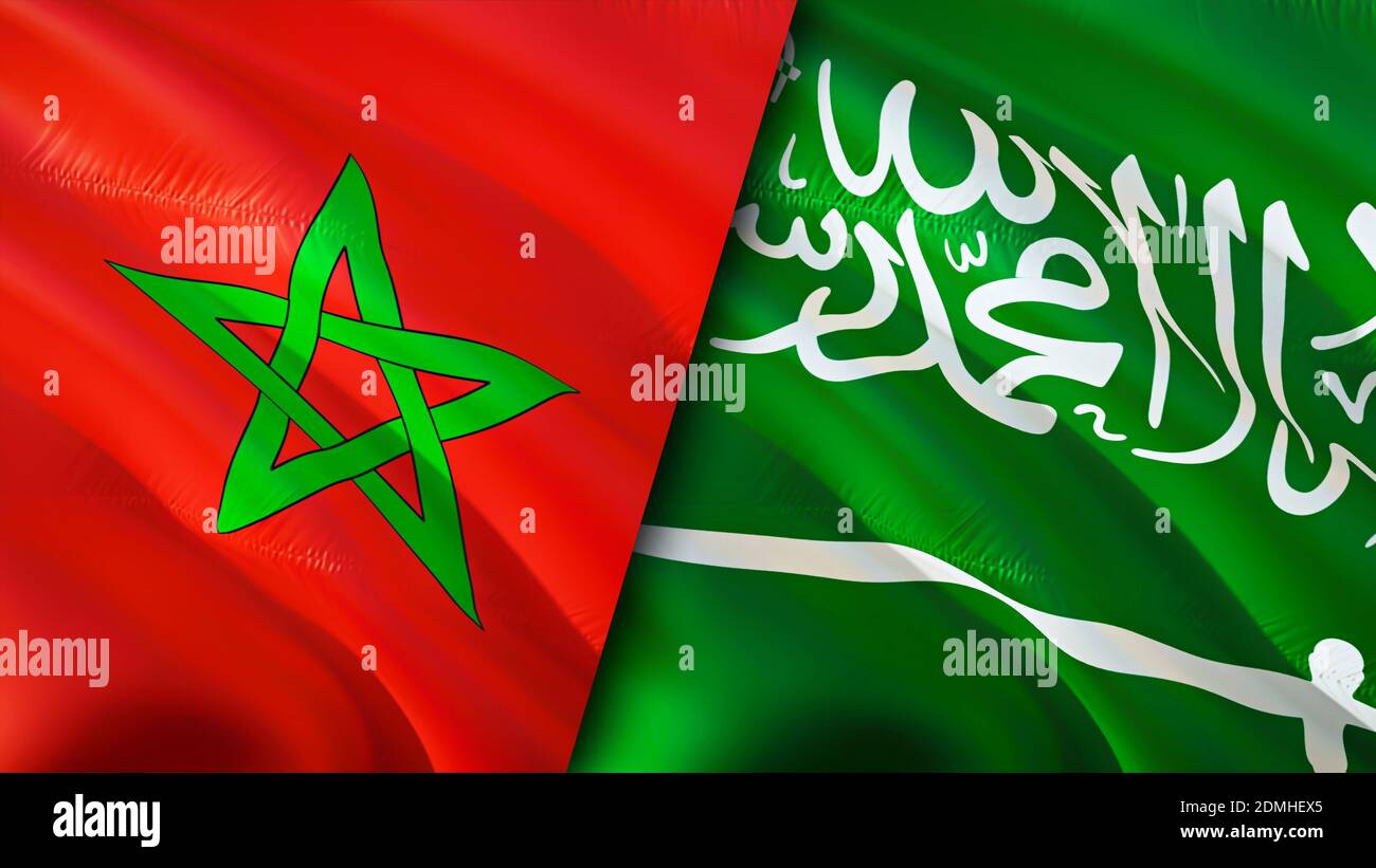 Morocco and Saudi Arabia flags. 3D Waving flag design. Morocco Saudi ...
