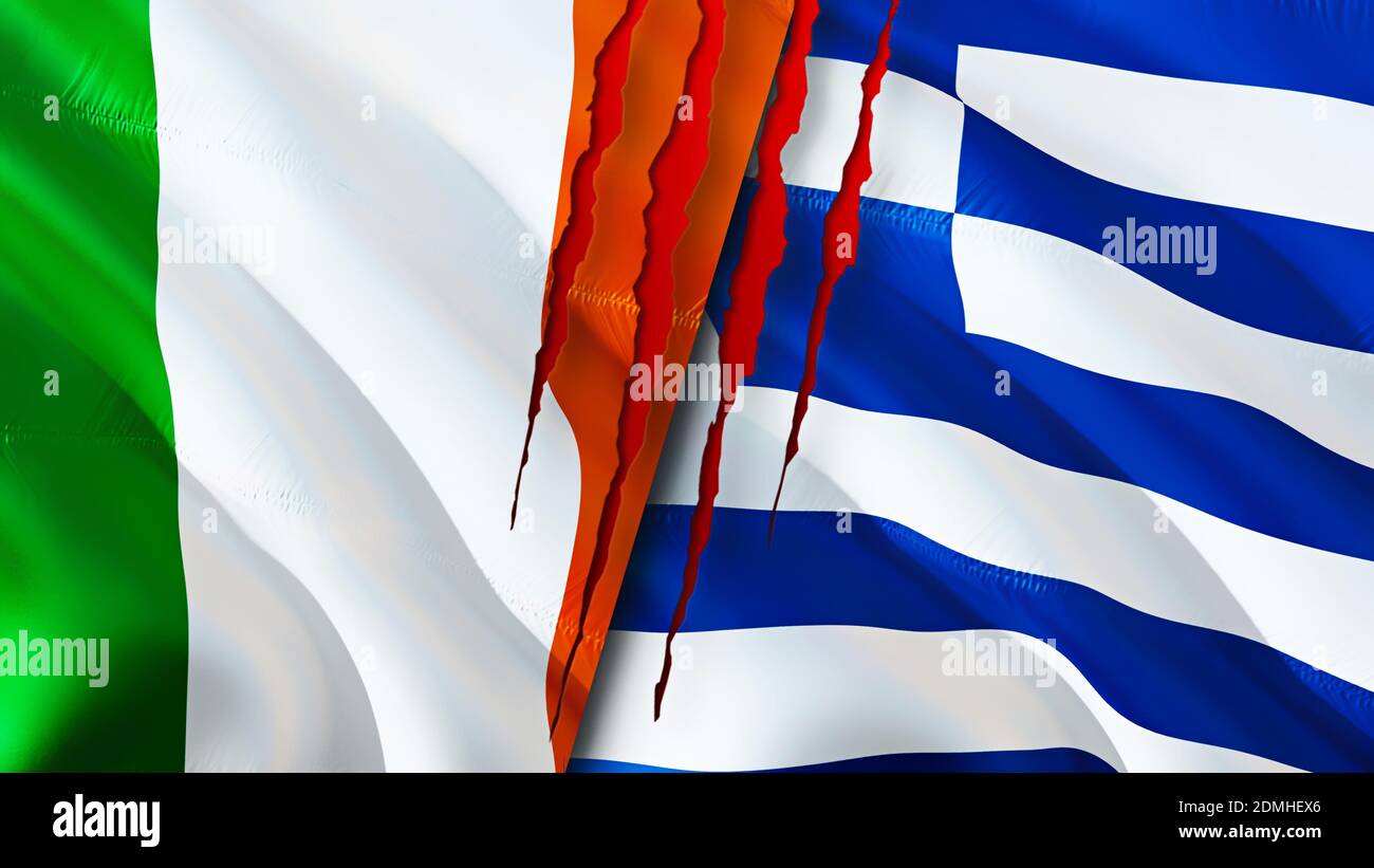 Ireland and Greek flags with scar concept. Waving flag 3D rendering ...