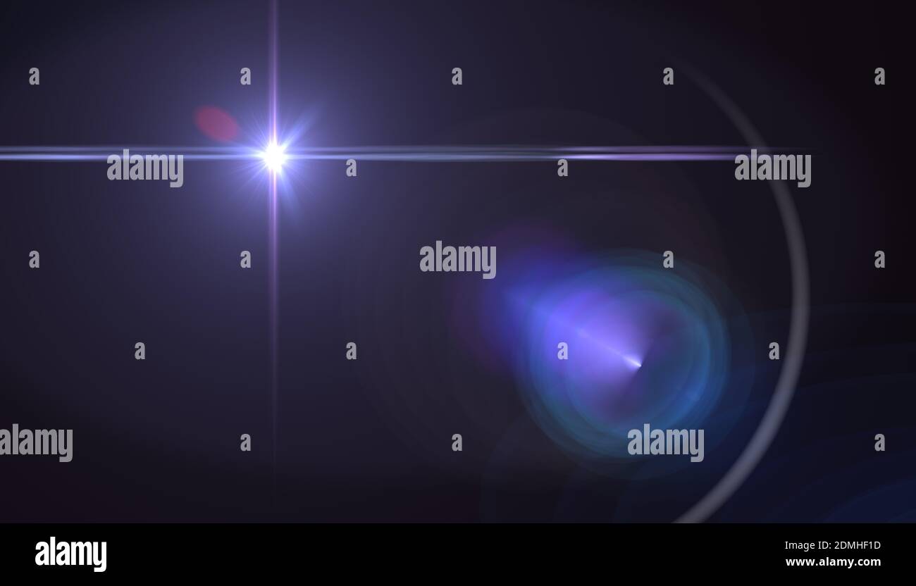 Beautiful blue digital lens flare in black background horizontal frame ...