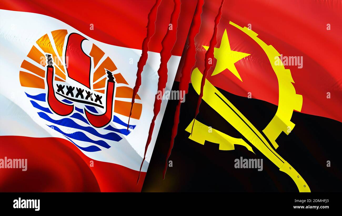 French Polynesia and Angola flags with scar concept. Waving flag,3D ...