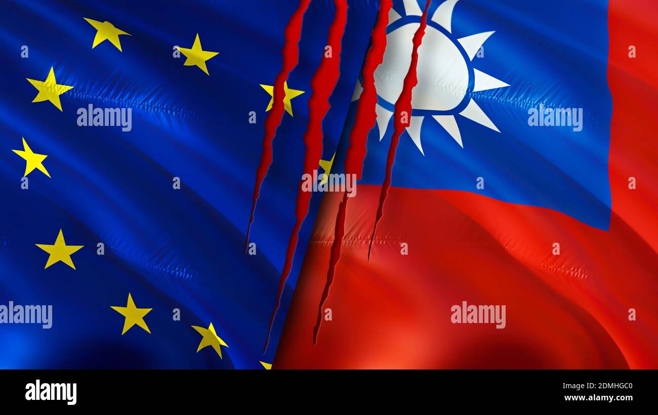 European Union and Taiwan flags with scar concept. Waving flag,3D ...