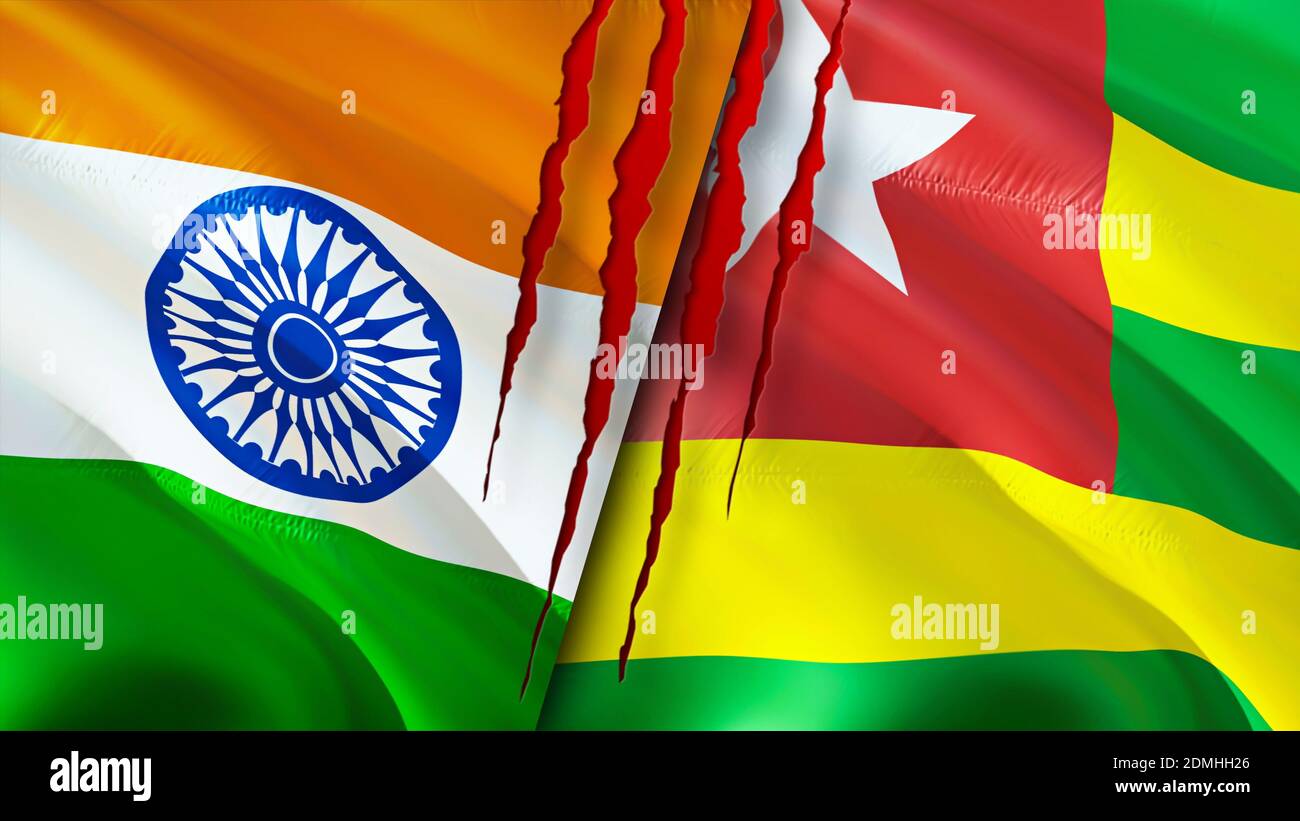 India and Togo flags with scar concept. Waving flag,3D rendering. India ...
