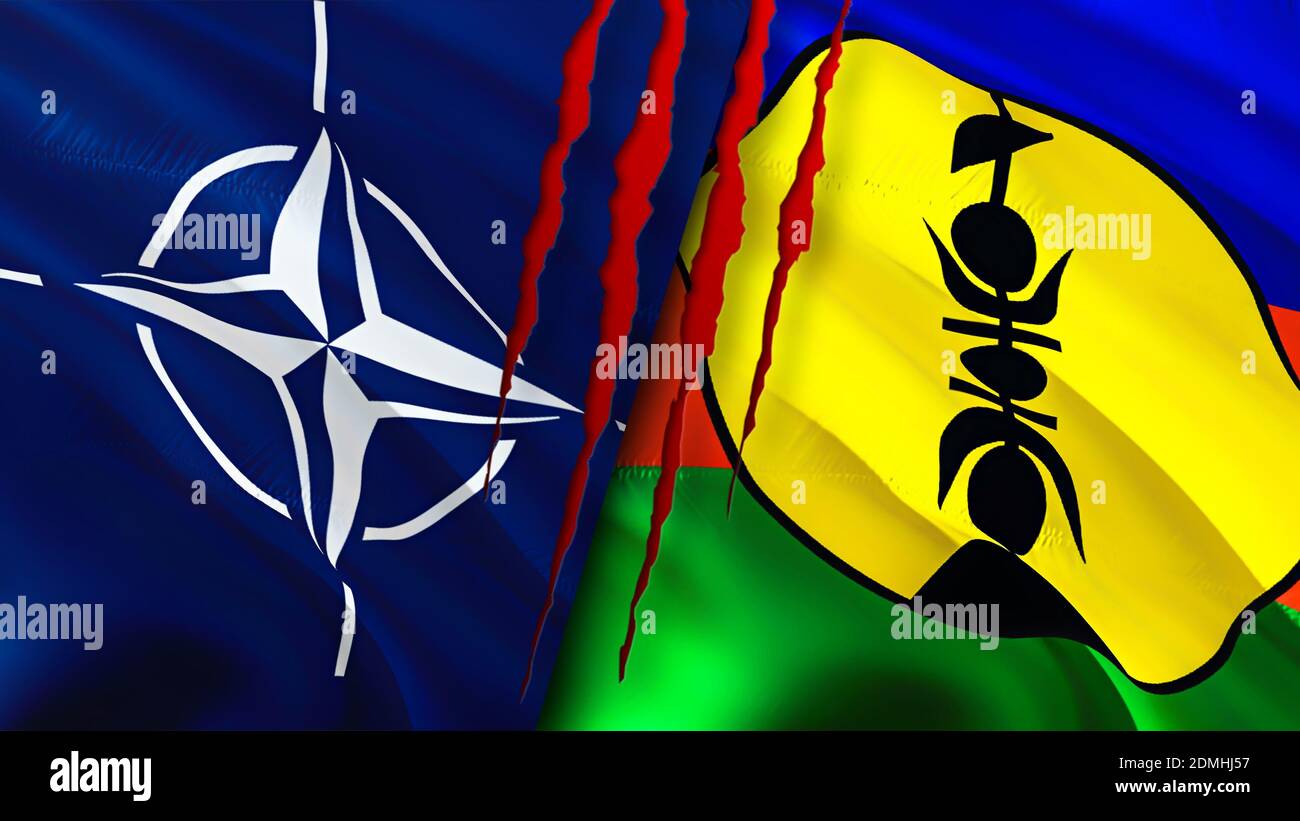 NATO and New Caledonia flags with scar concept. Waving flag,3D ...