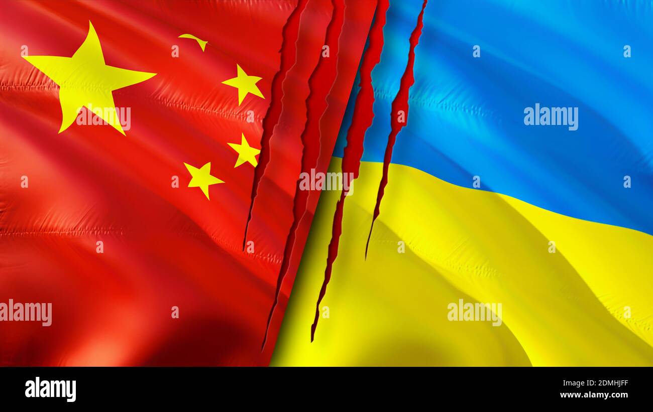 China and Ukraine flags with scar concept. Waving flag,3D rendering ...