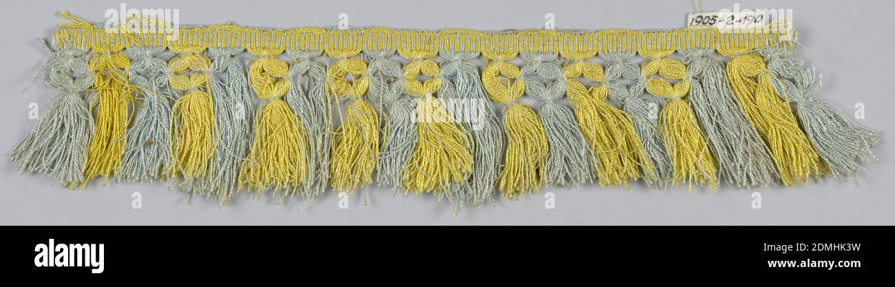 Fringe, Medium: silk Technique: woven, Blue and yellow fringe with a ...