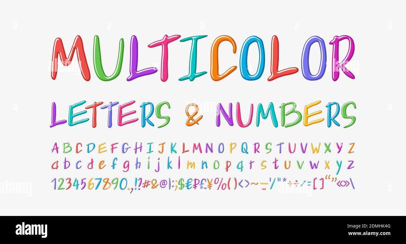 Multicolored handwritten alphabet letters, numbers, punctuation marks ...