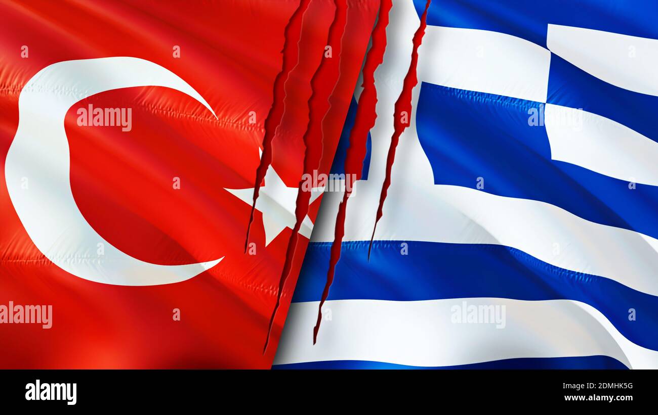 Turkey and Greece flags with scar concept. Waving flag,3D rendering ...