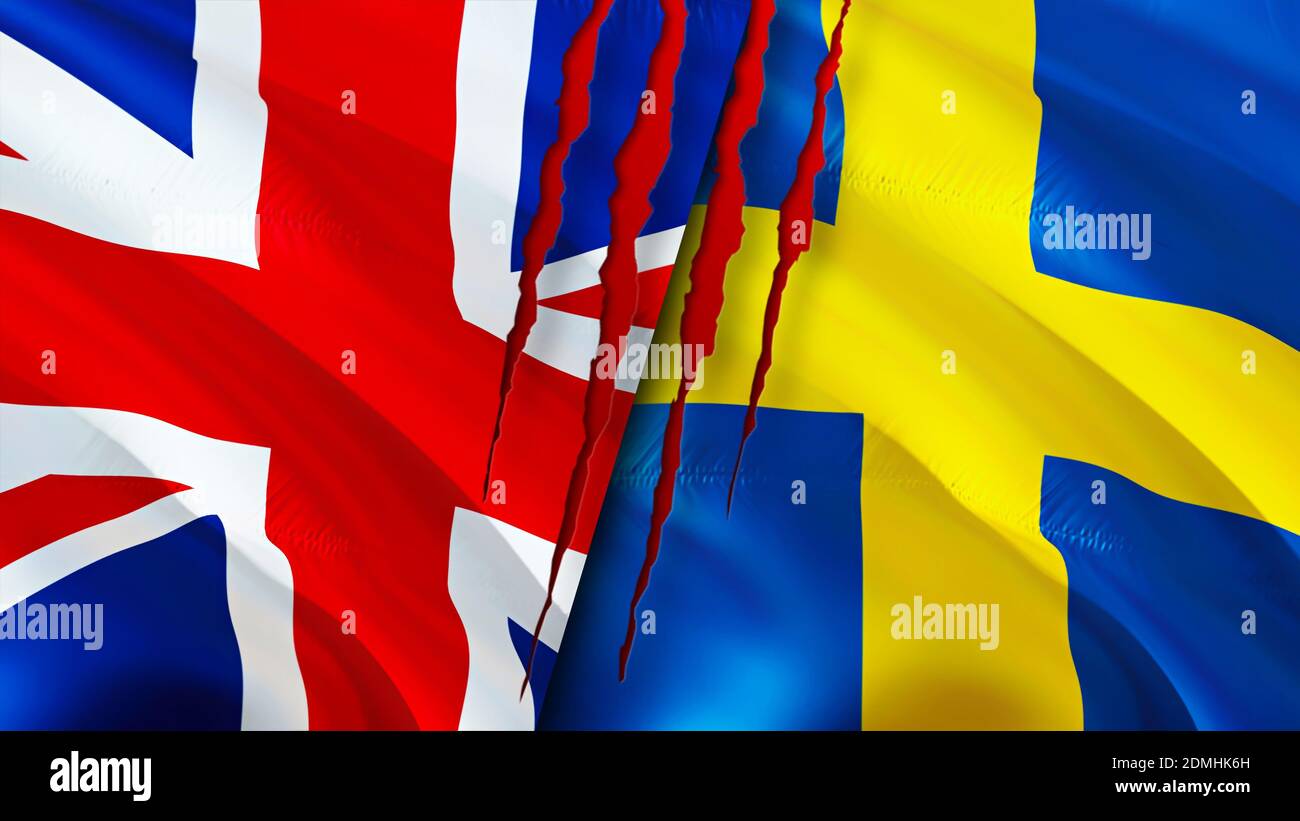 United Kingdom and Sweden flags with scar concept. Waving flag,3D ...