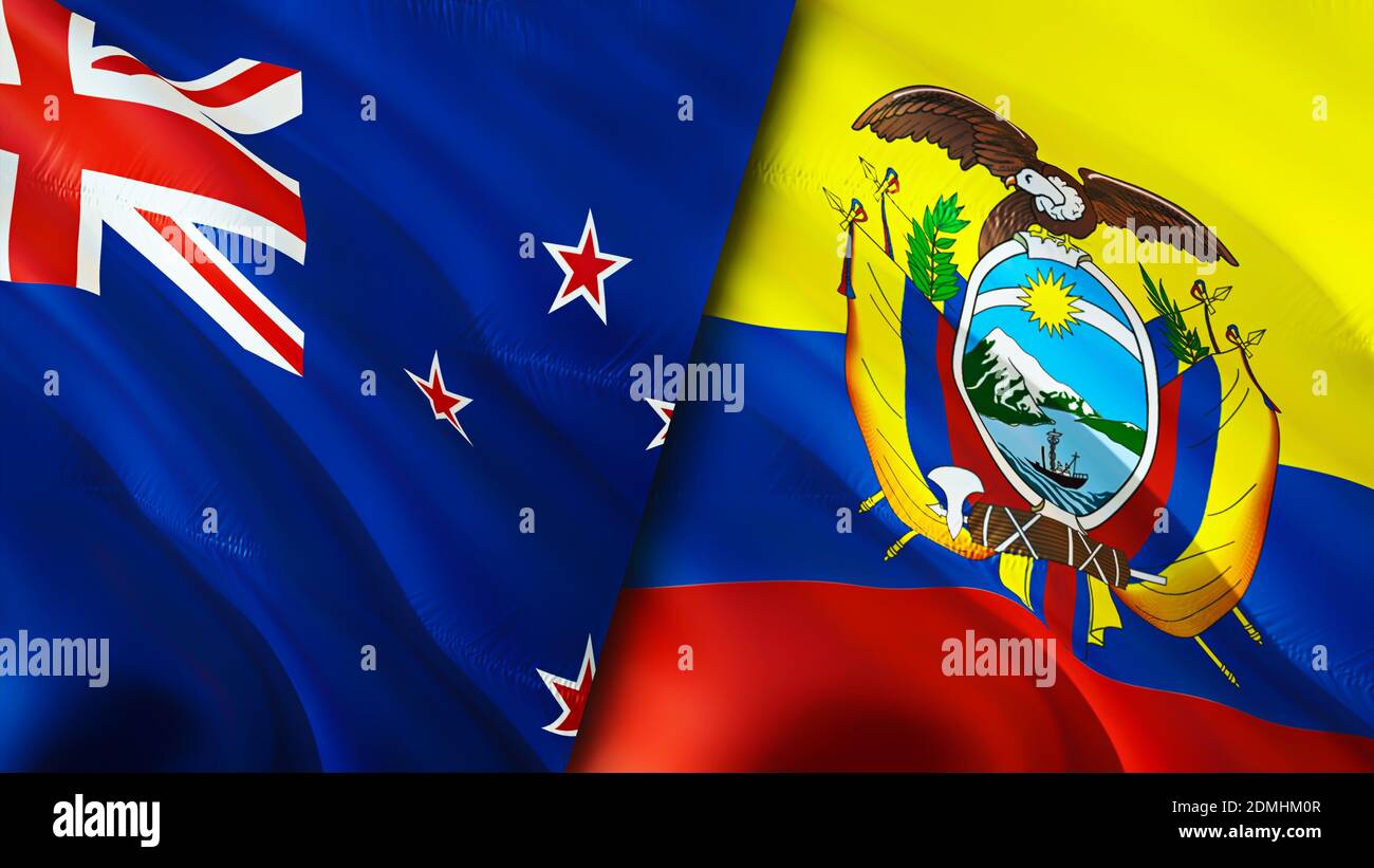 New Zealand and Ecuador flags. 3D Waving flag design. New Zealand ...