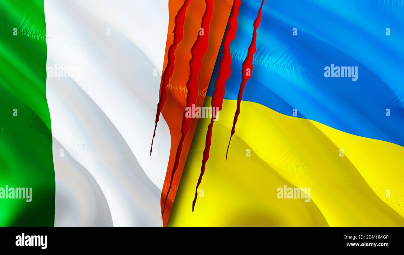 Ireland and Ukraine flags with scar concept. Waving flag 3D rendering ...