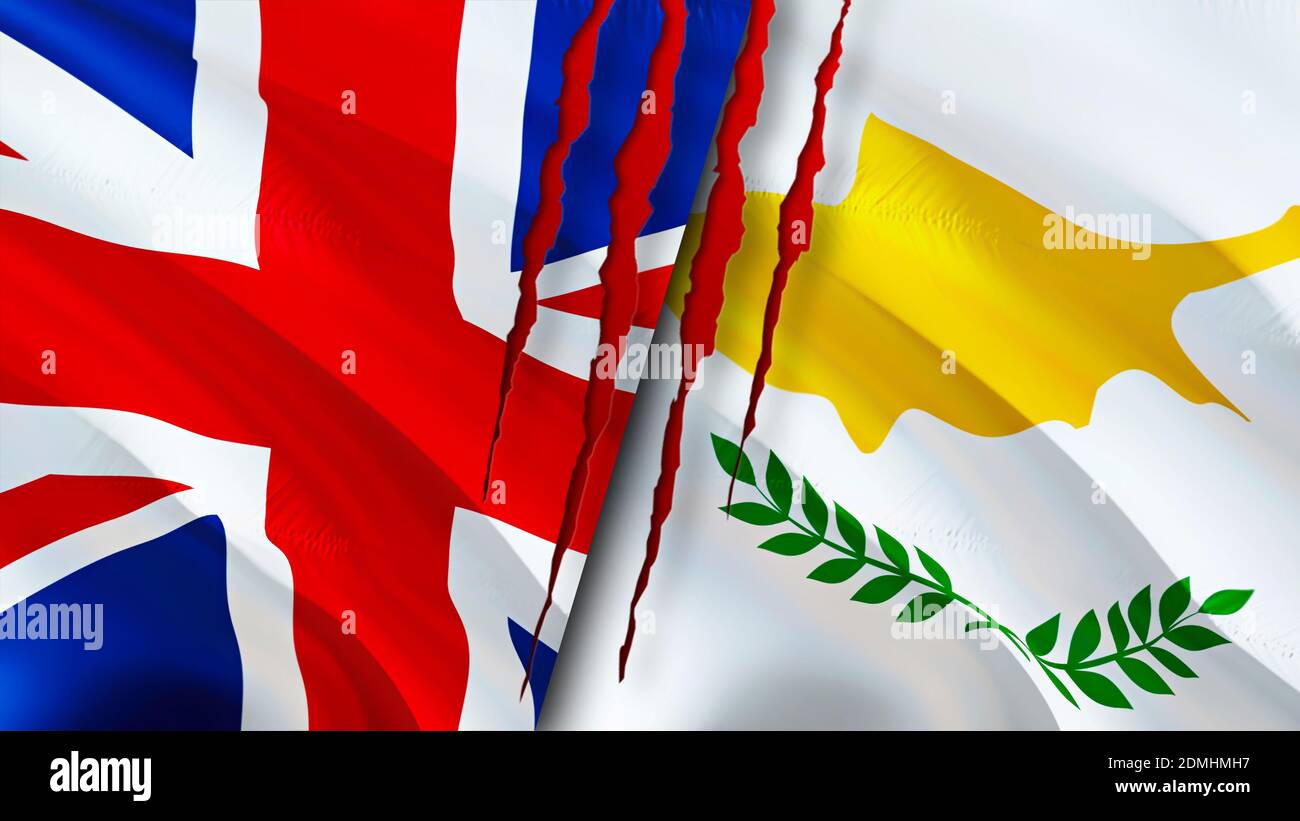 United Kingdom and Cyprus flags with scar concept. Waving flag,3D ...