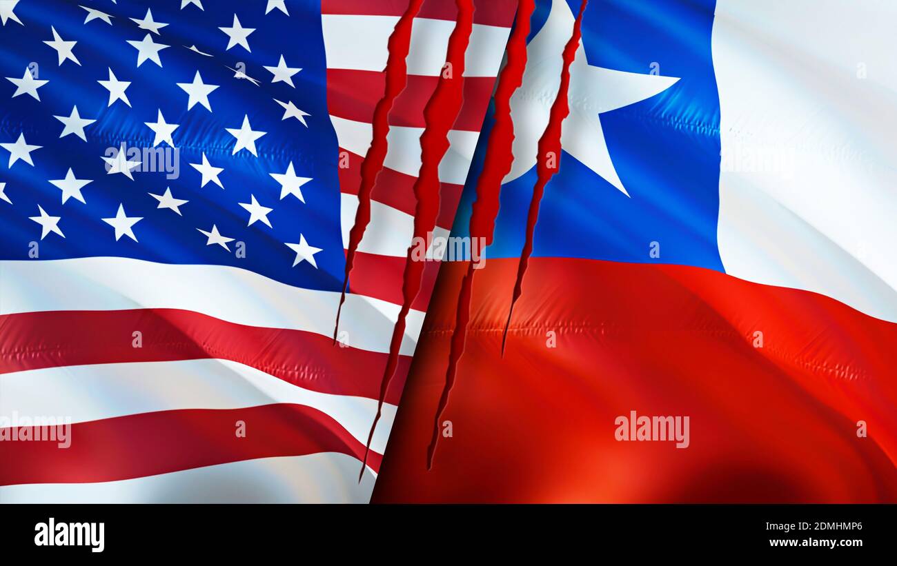 USA and Chile flags with scar concept. Waving flag,3D rendering. USA ...