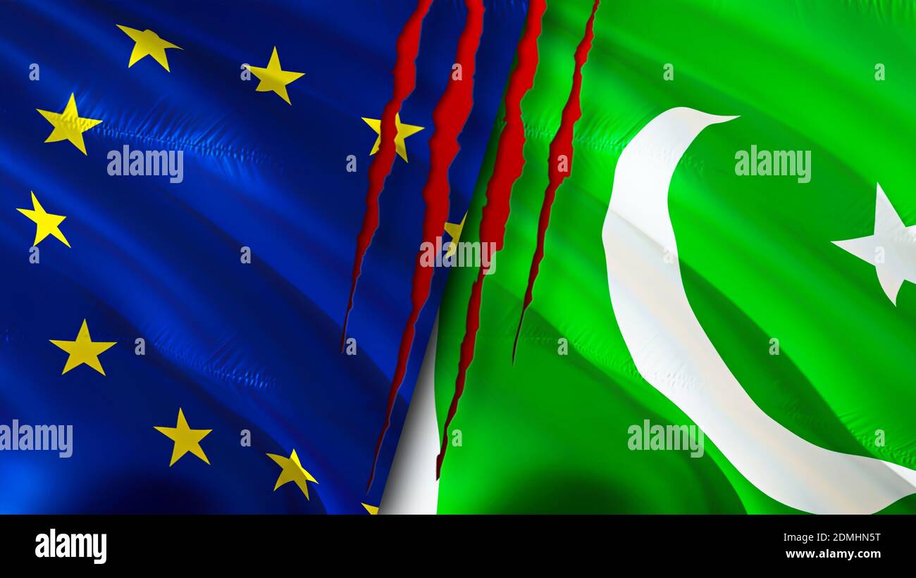 European Union and Pakistan flags with scar concept. Waving flag,3D ...