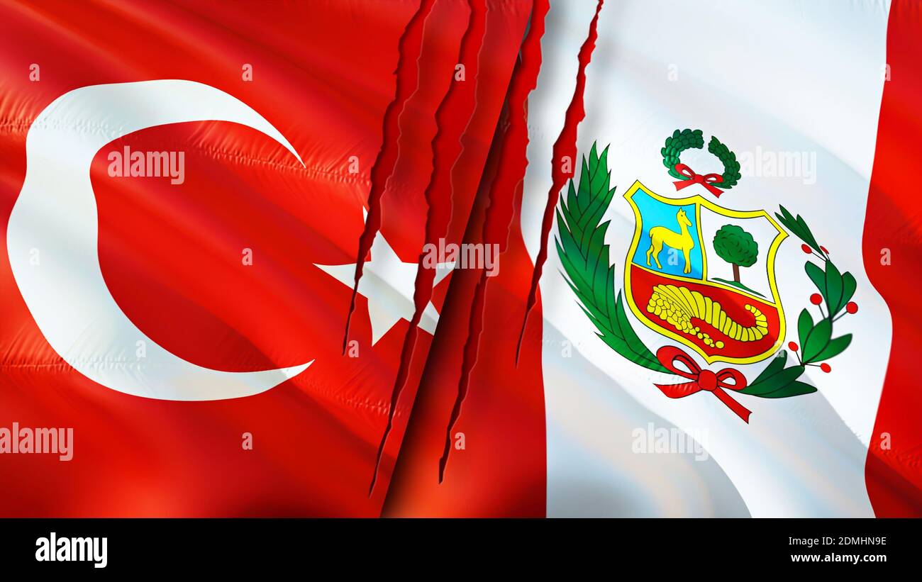 Turkey and Peru flags with scar concept. Waving flag,3D rendering ...