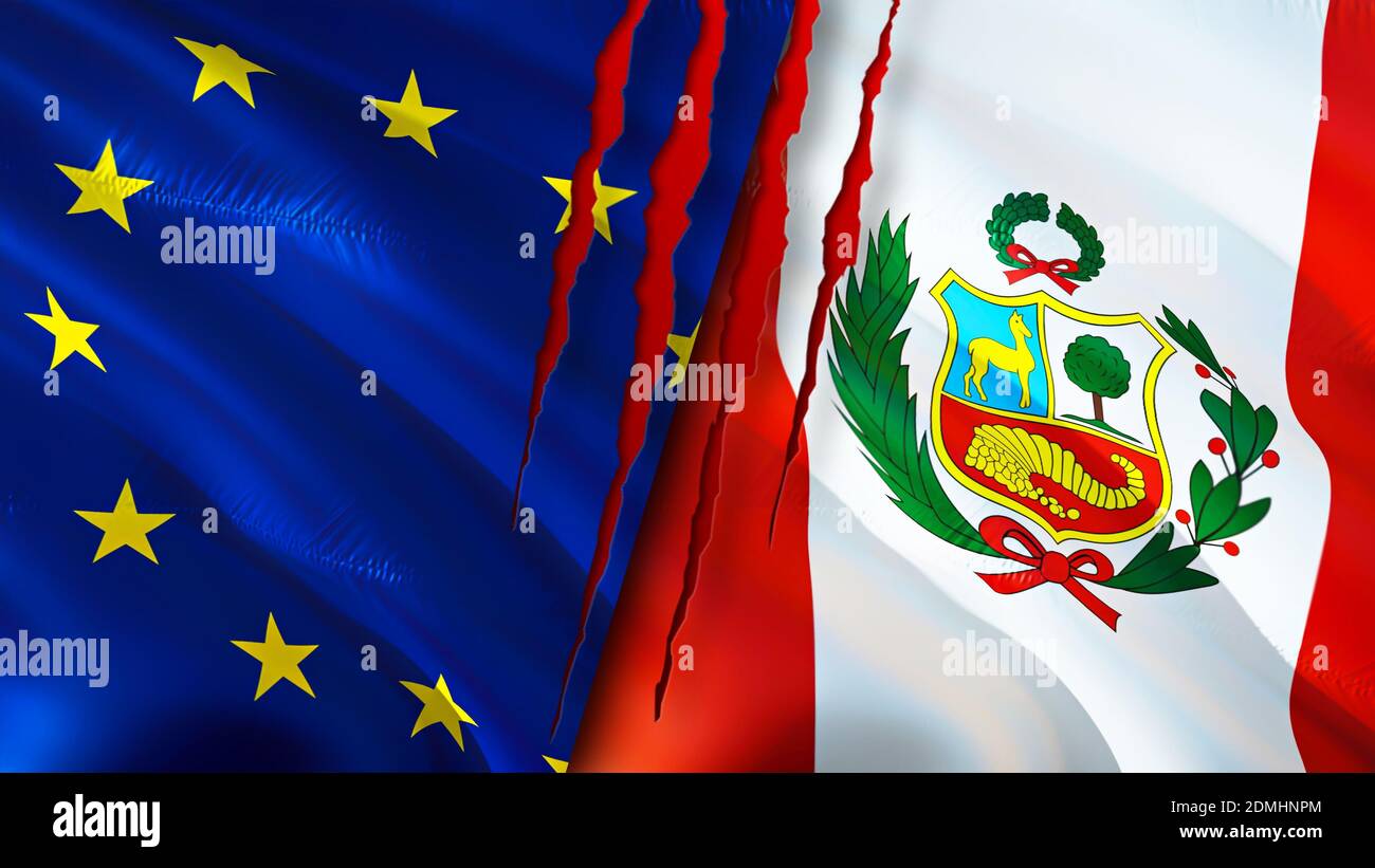 European Union and Peru flags with scar concept. Waving flag,3D ...
