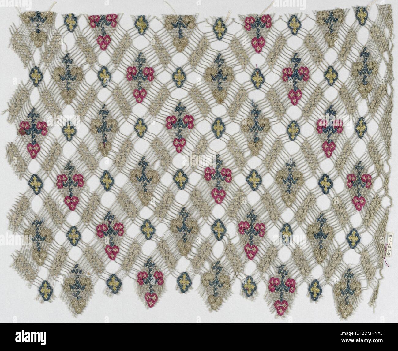 Square, Medium: Technique: darning stitch on hand knotted net, Pink and ...