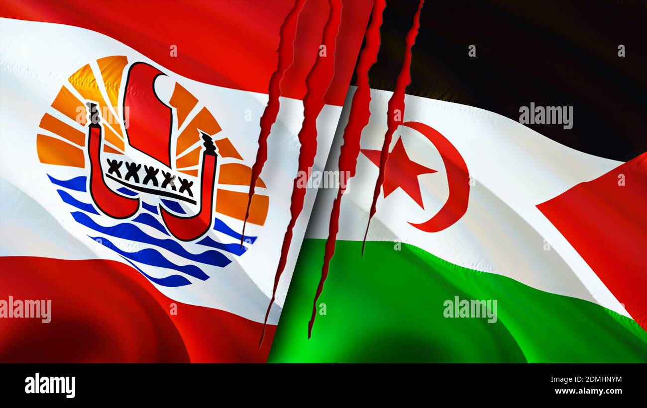 French Polynesia and Western Sahara flags with scar concept. Waving ...