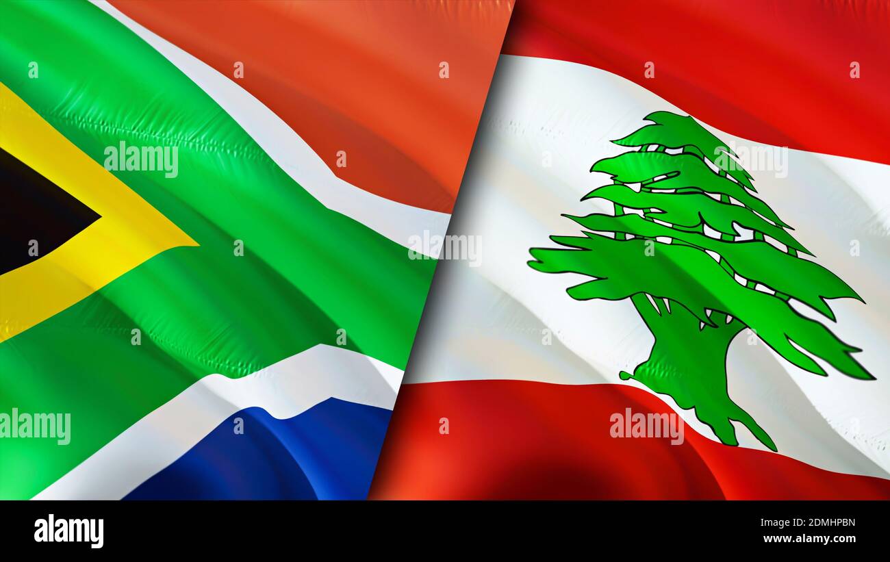 South Africa and Lebanon flags. 3D Waving flag design. South Africa ...