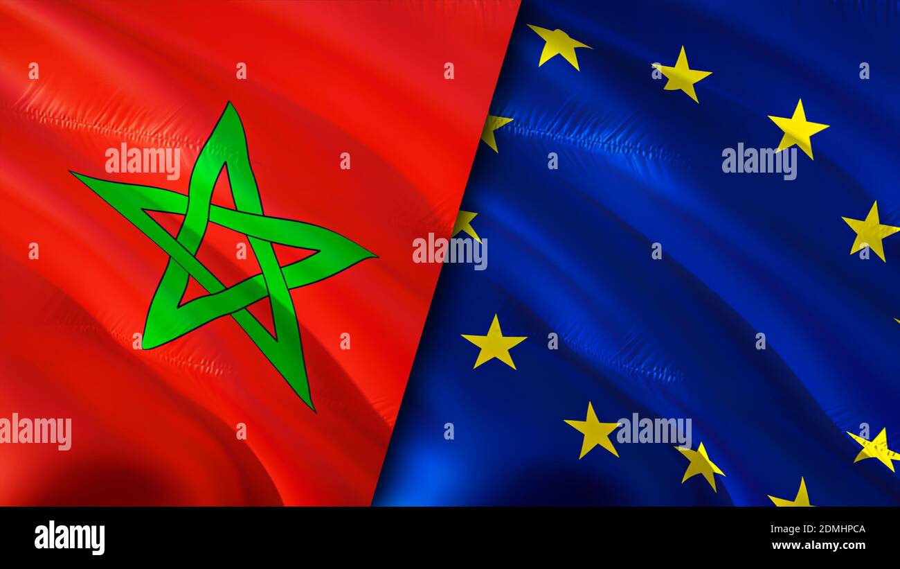 Morocco and European Union flags. 3D Waving flag design. Morocco ...