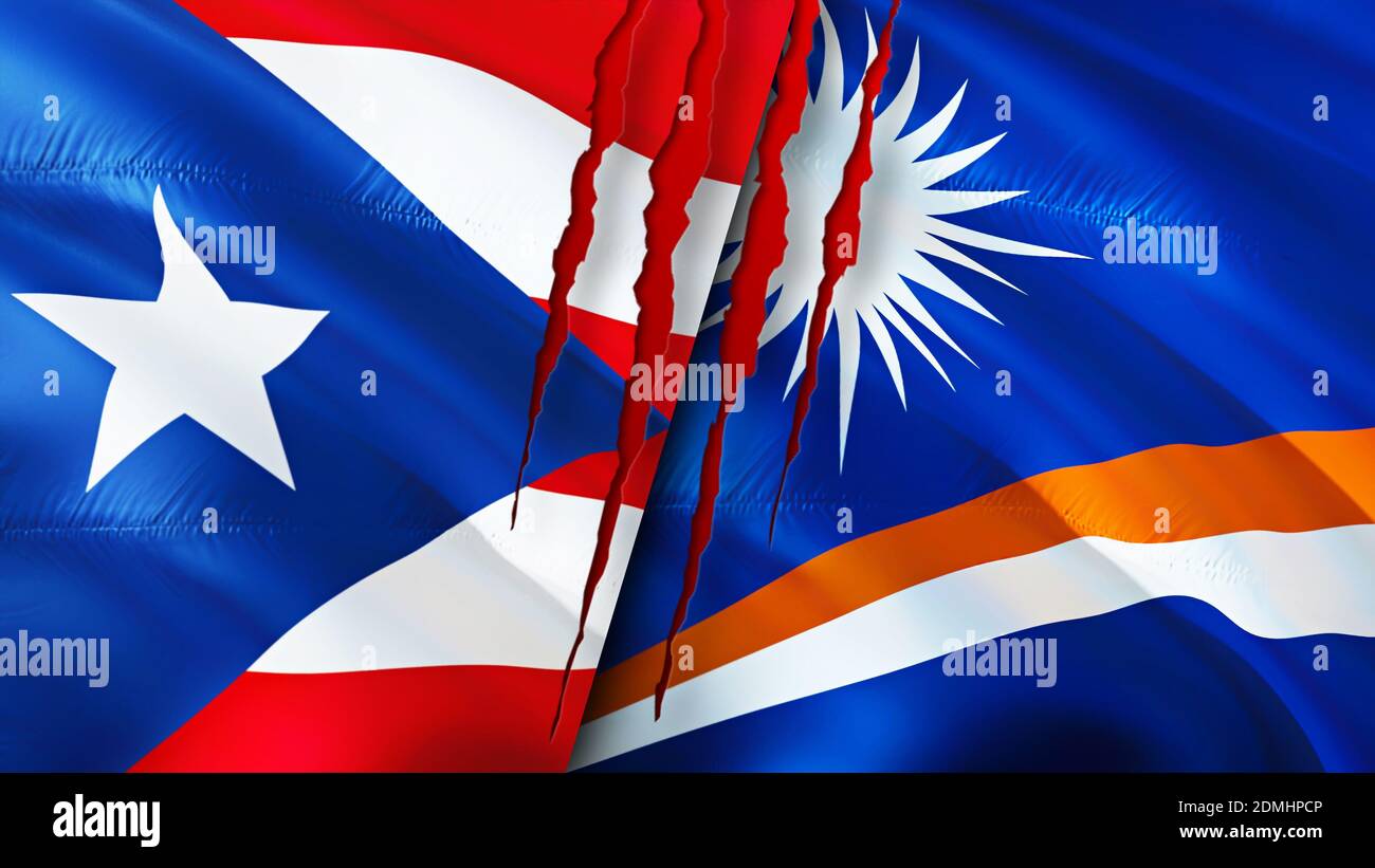 Puerto Rico and Marshall Islands flags with scar concept. Waving flag ...