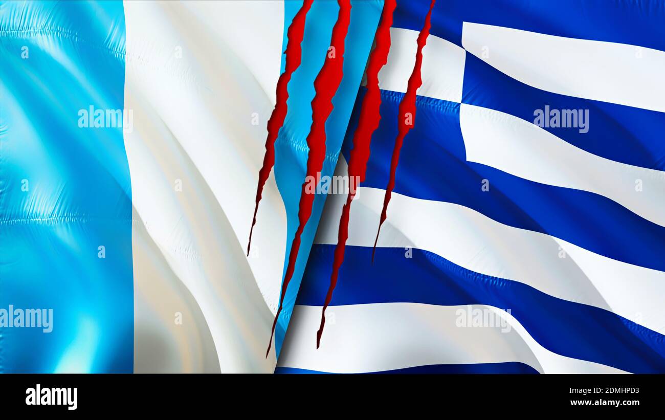 Guatemala and Greek flags with scar concept. Waving flag 3D rendering ...