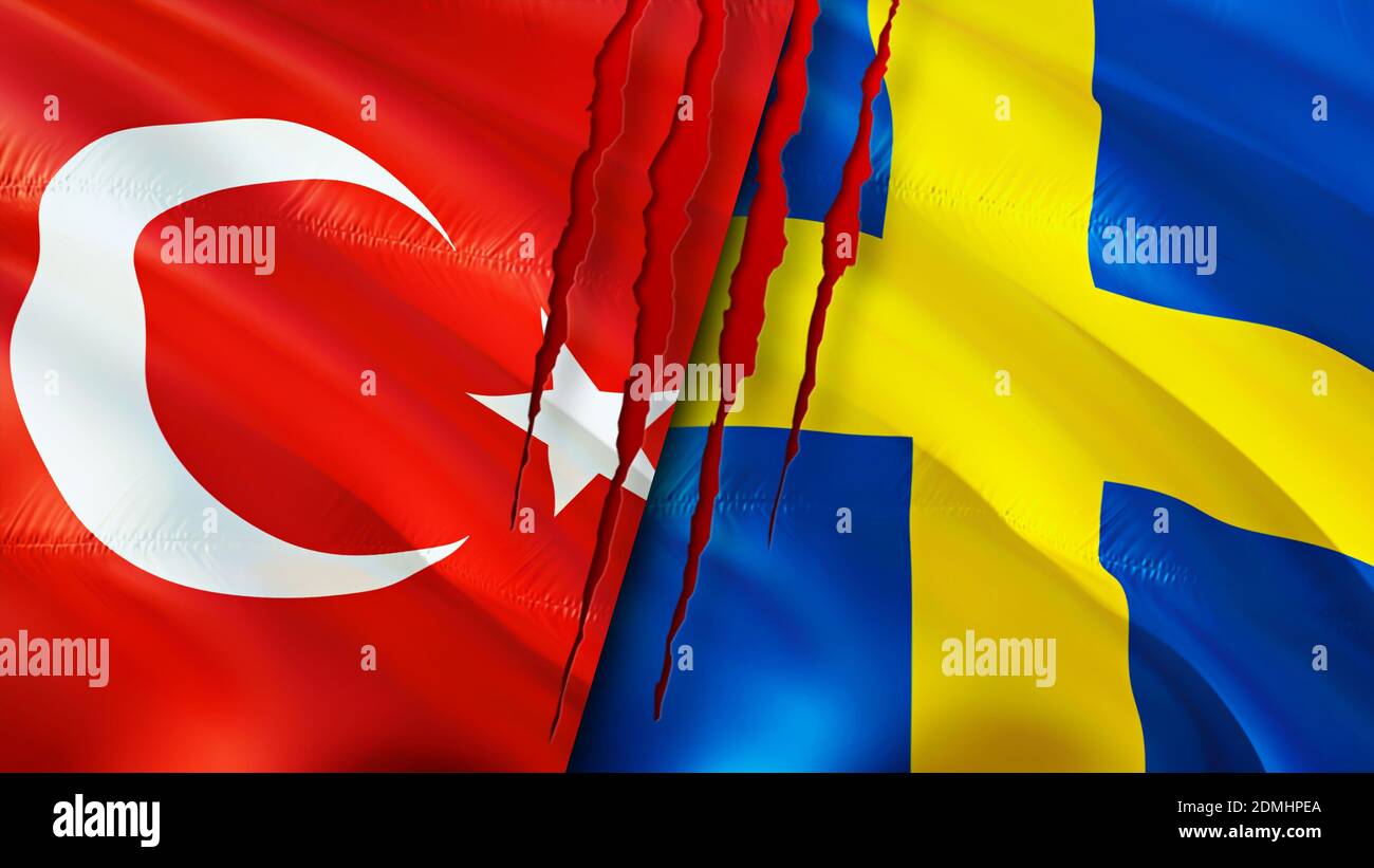 Turkey and Sweden flags with scar concept. Waving flag,3D rendering ...