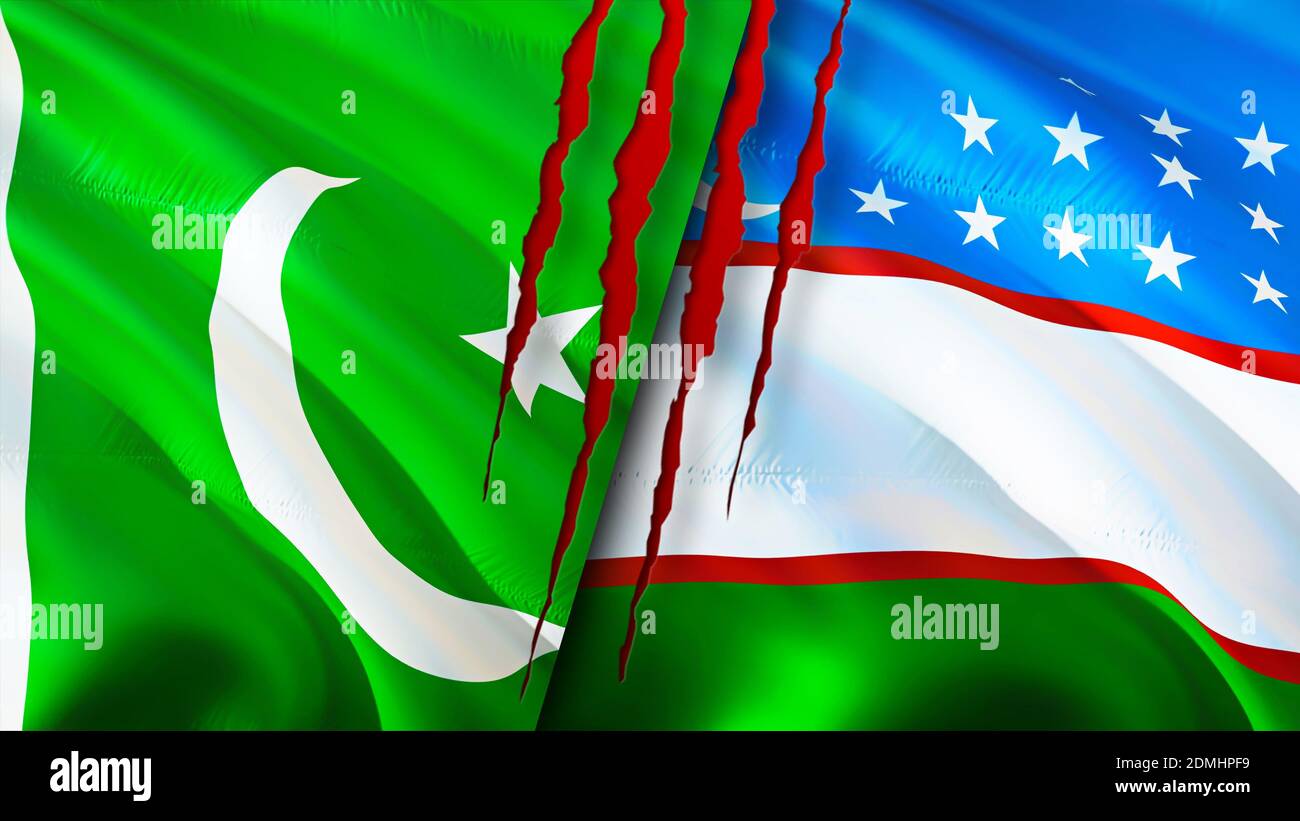 Pakistan and Uzbekistan flags with scar concept. Waving flag,3D ...