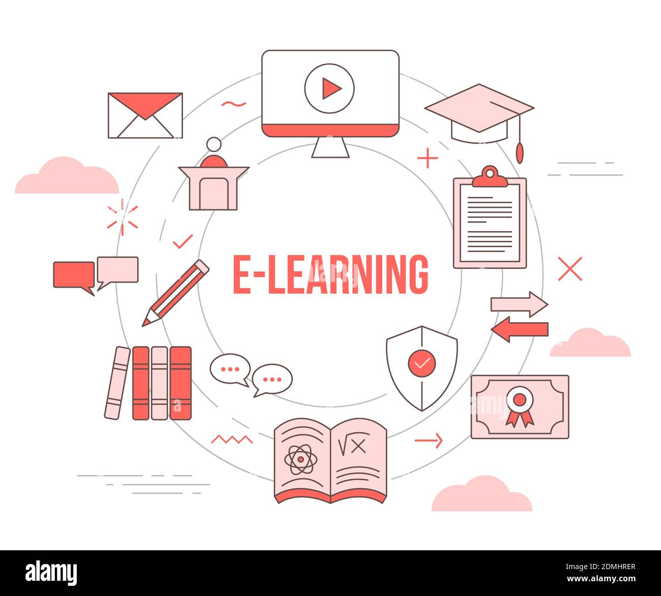 e-learning concept video tutorial cap book certificate with icon set ...
