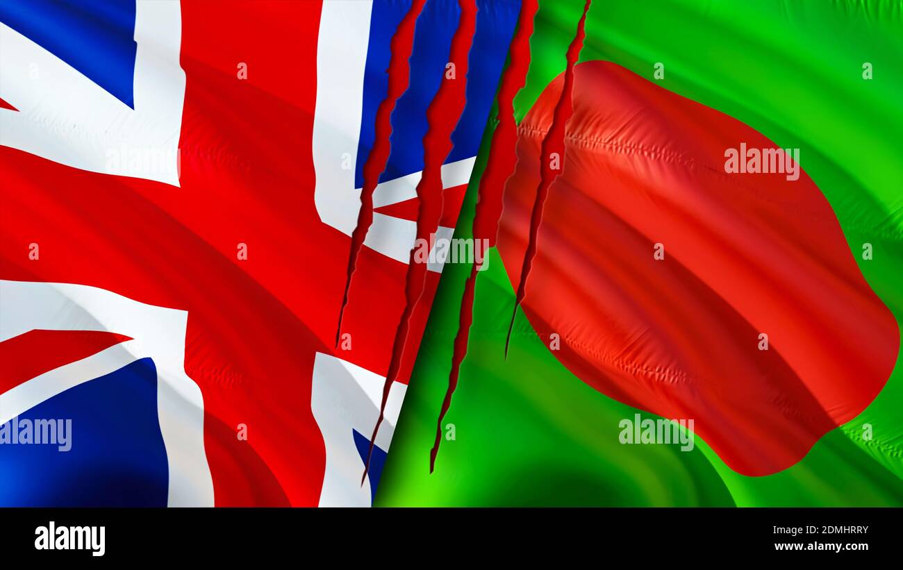 United Kingdom and Bangladesh flags with scar concept. Waving flag,3D ...