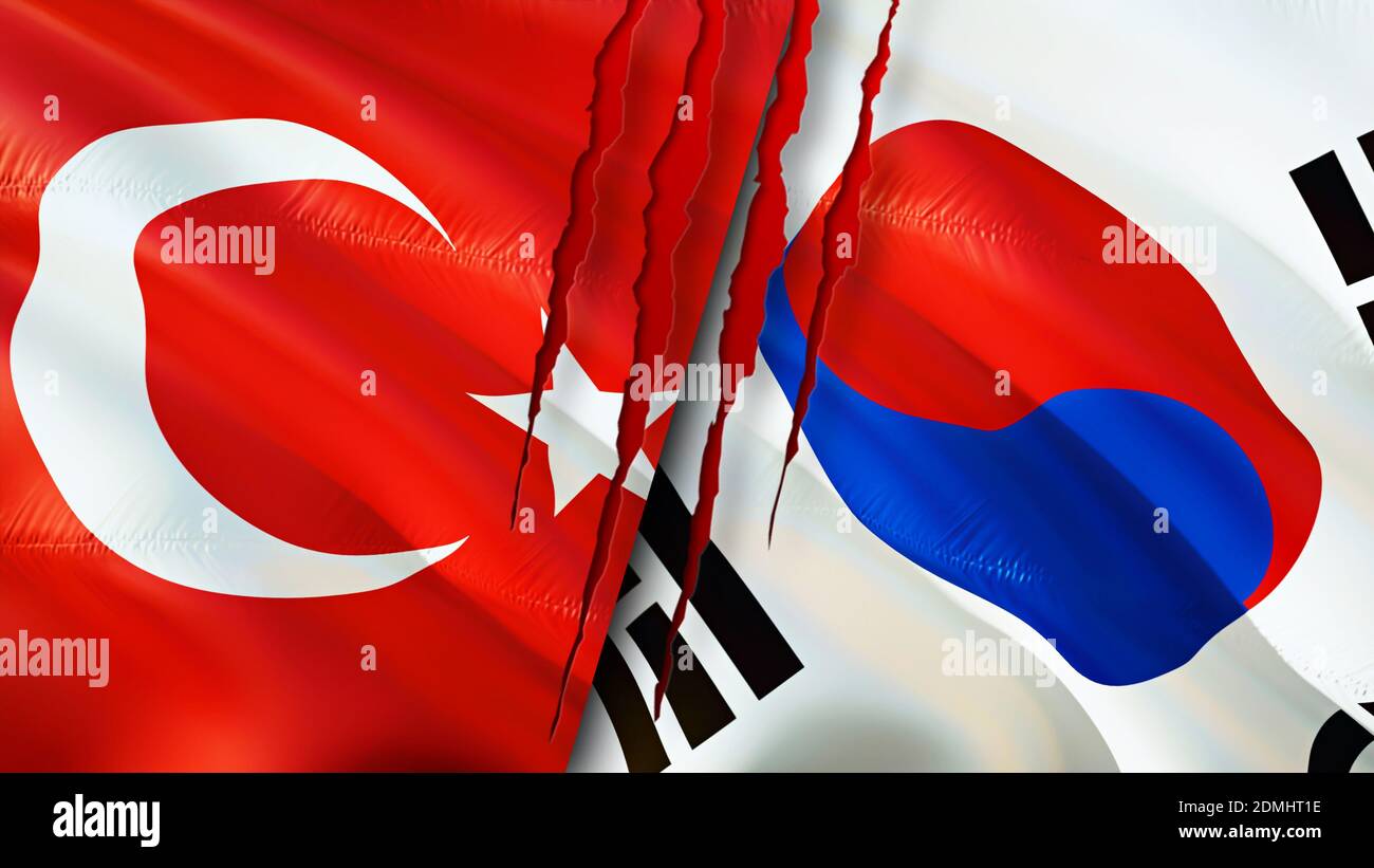 Turkey and South Korea flags with scar concept. Waving flag,3D ...