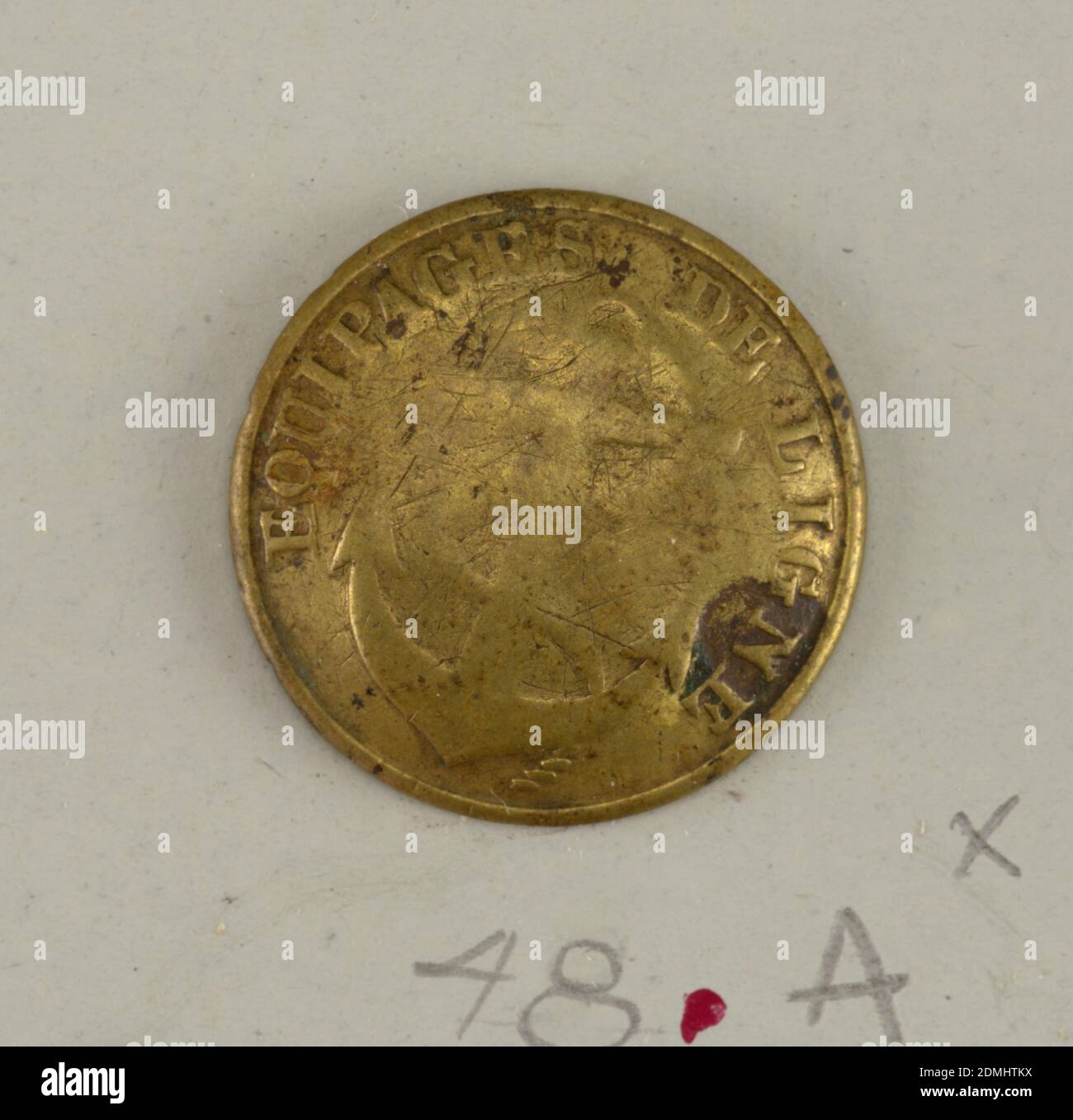 Button, Brass, Circular buttons showing design of anchor and the words ...