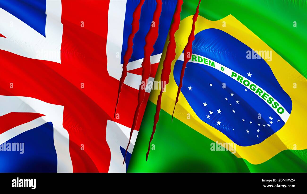 United Kingdom and Brazil flags with scar concept. Waving flag,3D ...