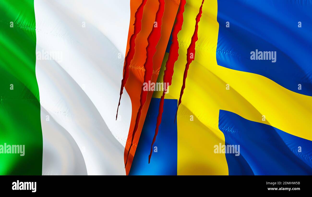 Ireland and Sweden flags with scar concept. Waving flag 3D rendering ...