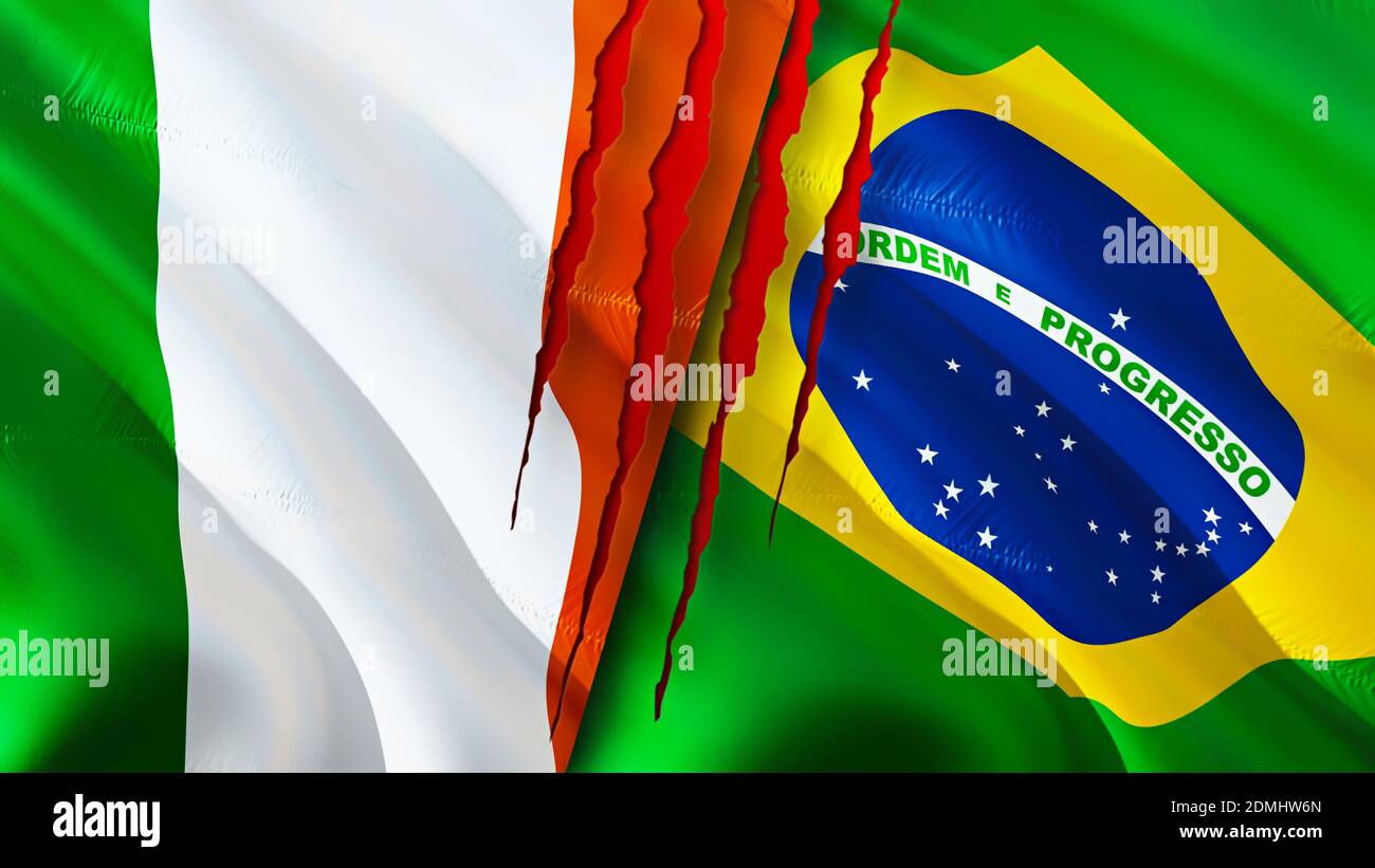 Ireland and Brazil flags with scar concept. Waving flag 3D rendering ...