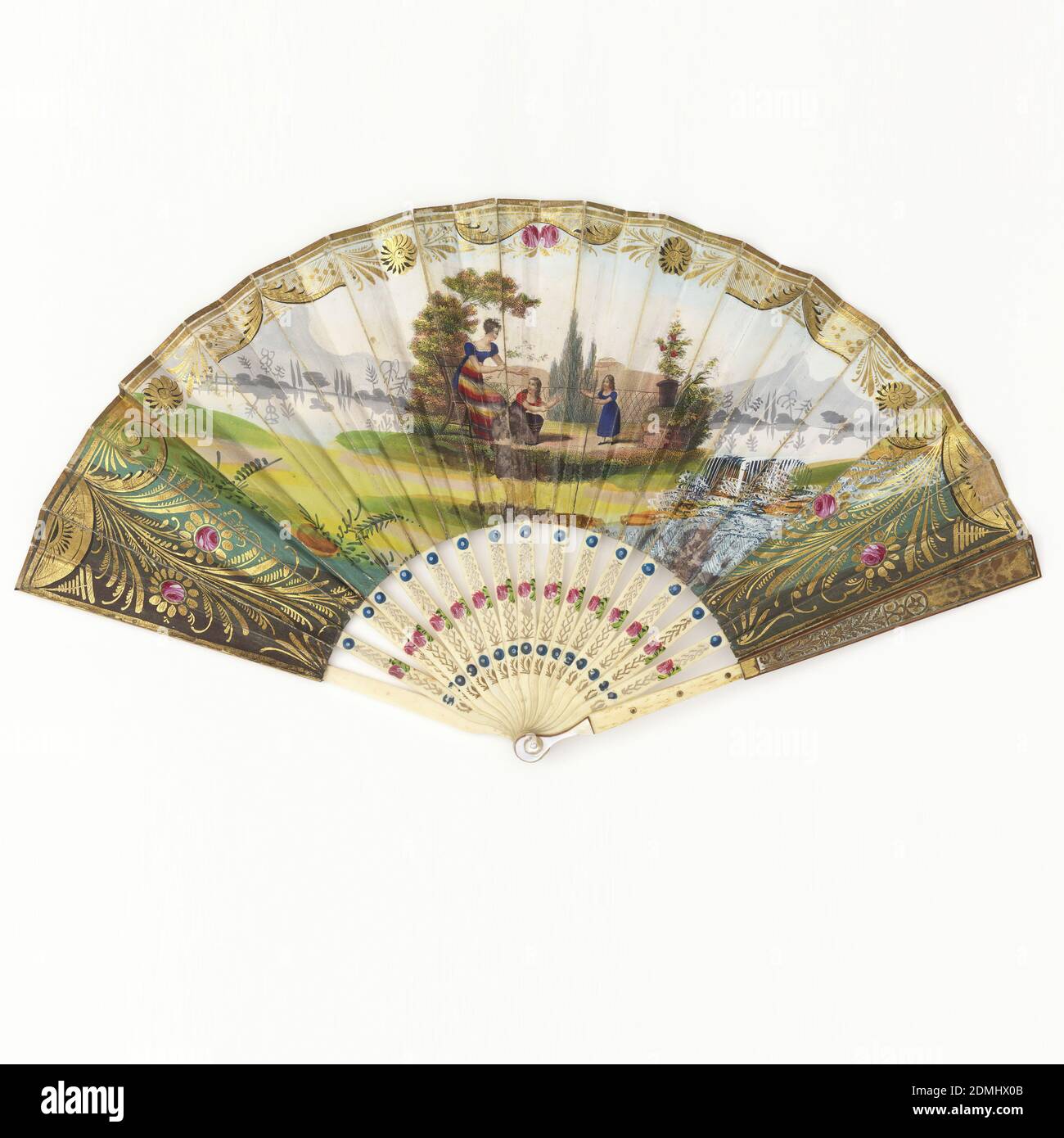 Pleated fan, Paper leaf with gilded and hand-colored lithograph; carved ...