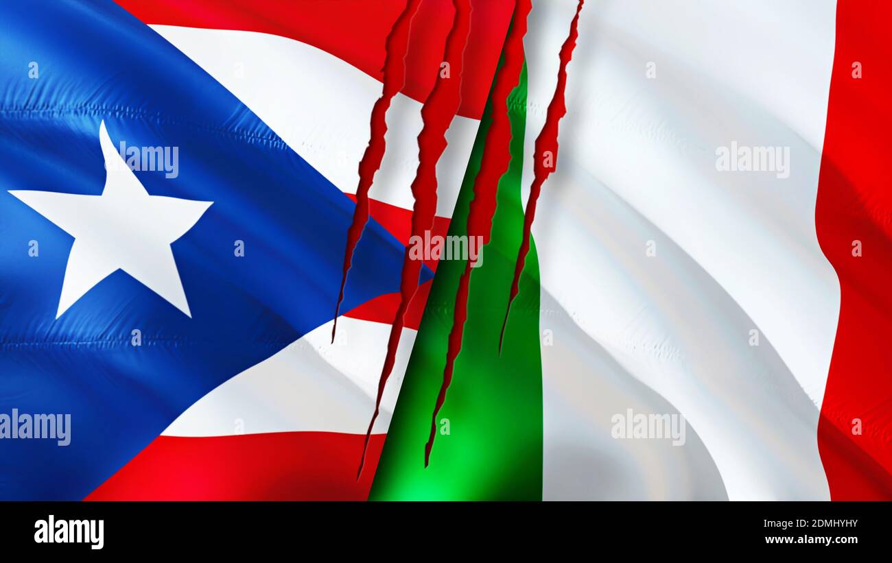 Puerto Rico and Italy flags with scar concept. Waving flag,3D rendering ...
