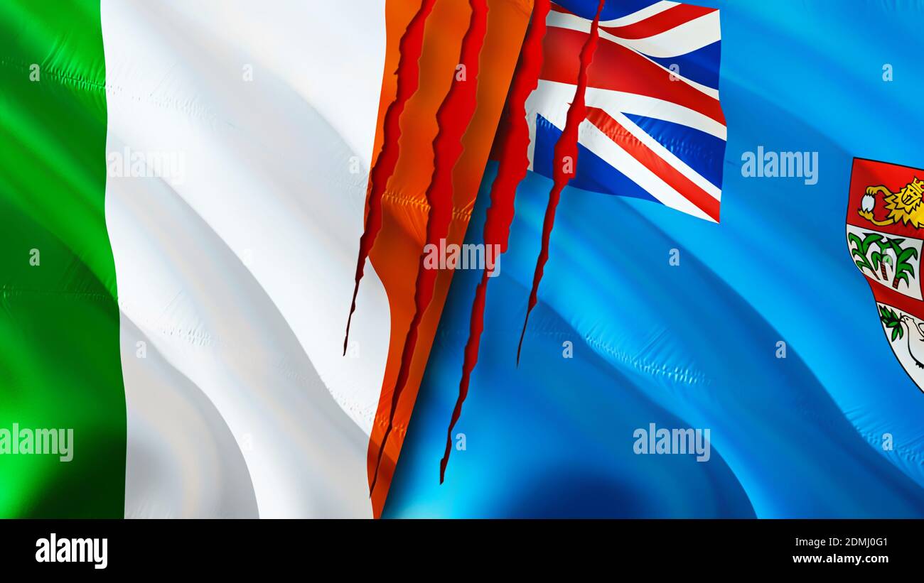Ireland and Fiji flags with scar concept. Waving flag 3D rendering ...