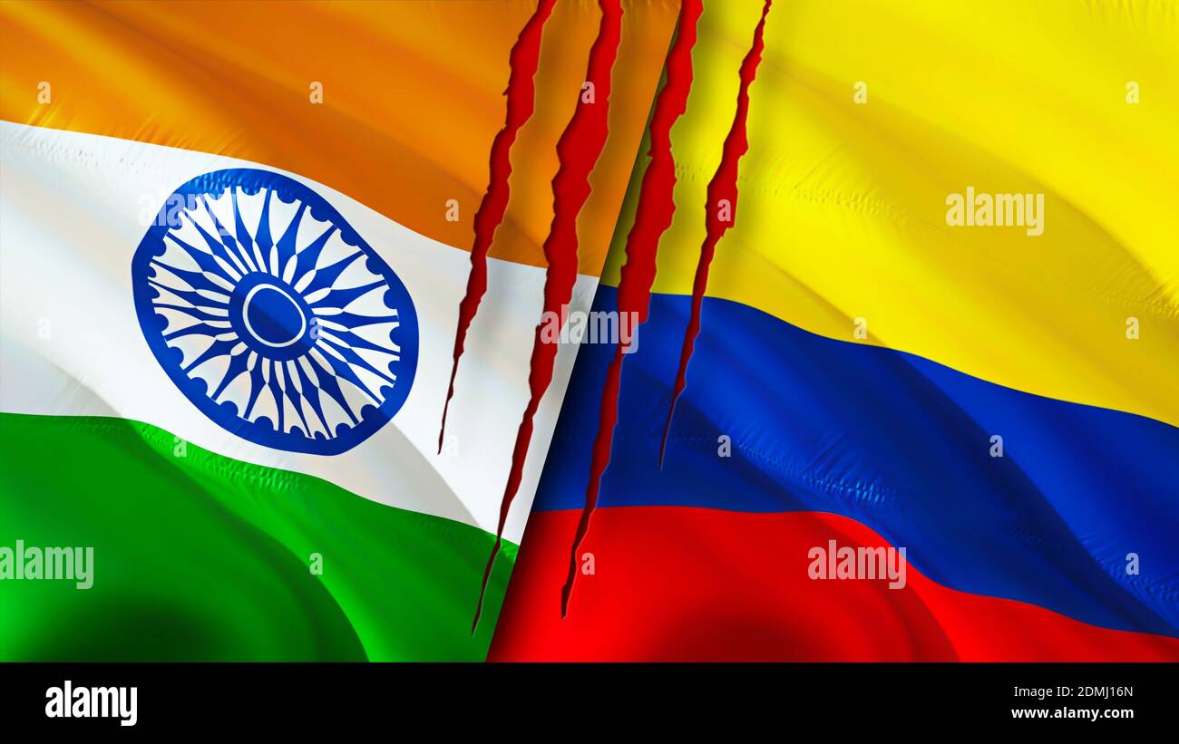 India and Colombia flags with scar concept. Waving flag,3D rendering ...