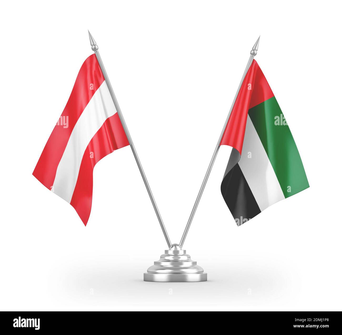 United Arab Emirates and Austria table flags isolated on white 3D ...