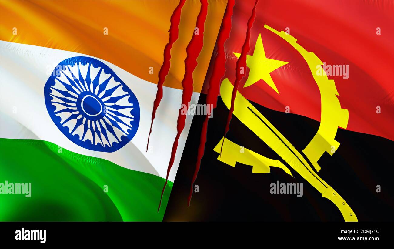 India and Angola flags with scar concept. Waving flag,3D rendering ...