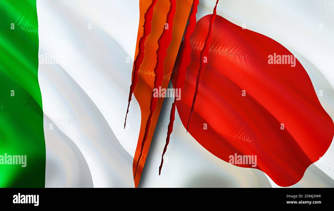 Ireland and Japan flags with scar concept. Waving flag 3D rendering ...