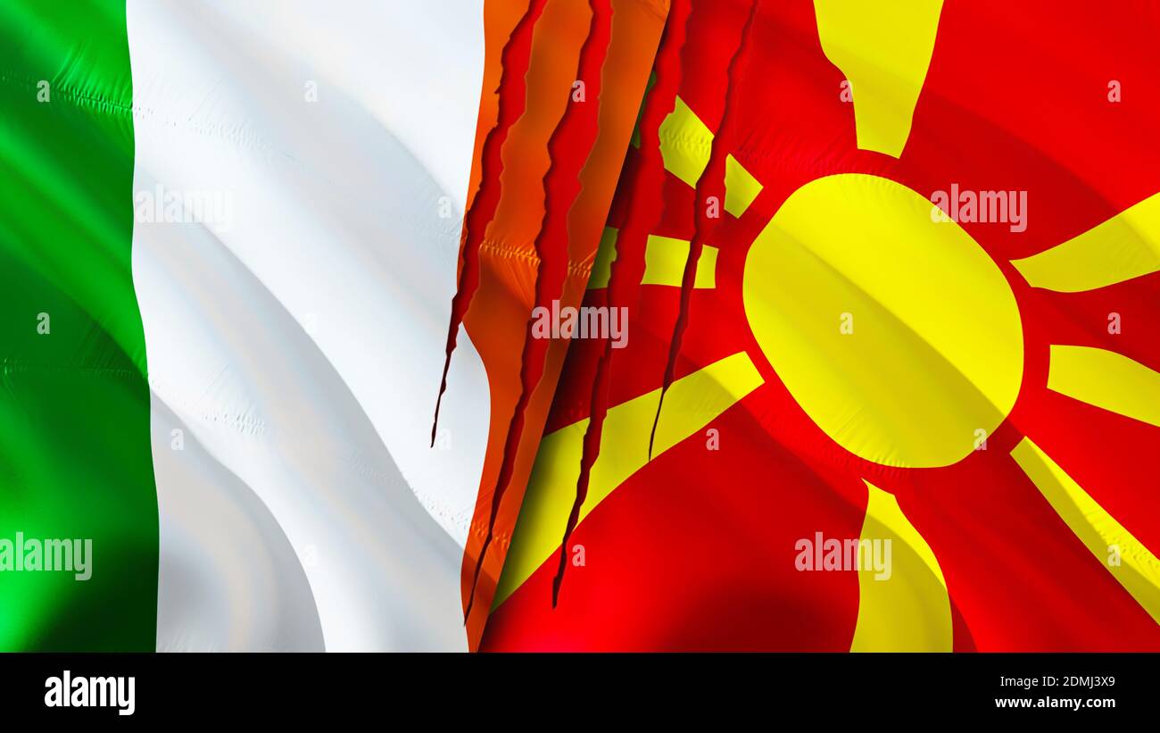Ireland and North Macedonia flags with scar concept. Waving flag 3D ...