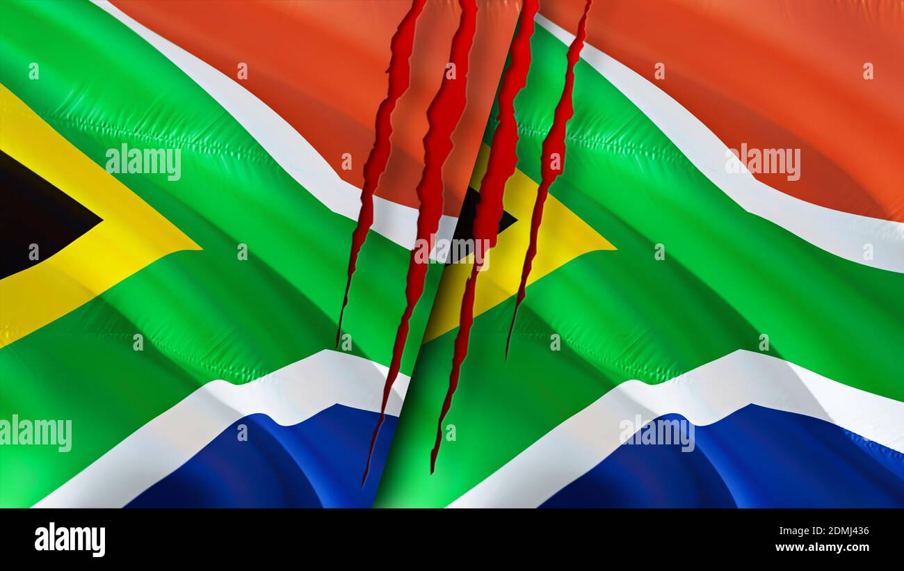 South Africa and South Africa flags with scar concept. Waving flag,3D ...