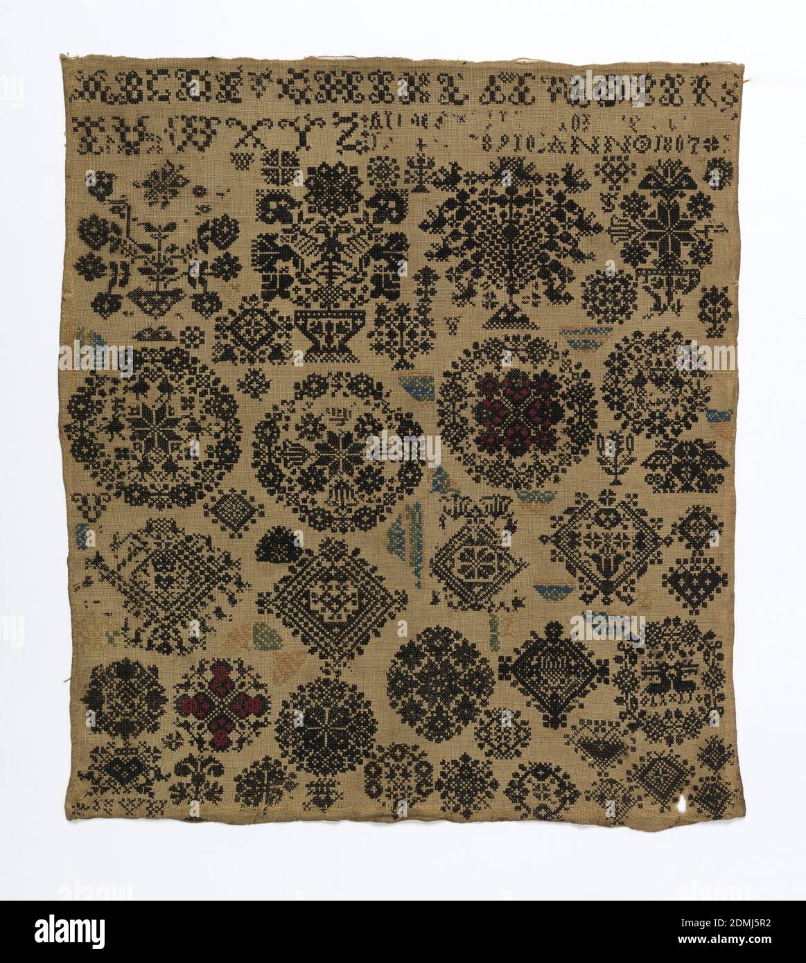 Sampler, Medium: silk and cotton embroidery, linen foundation Technique ...