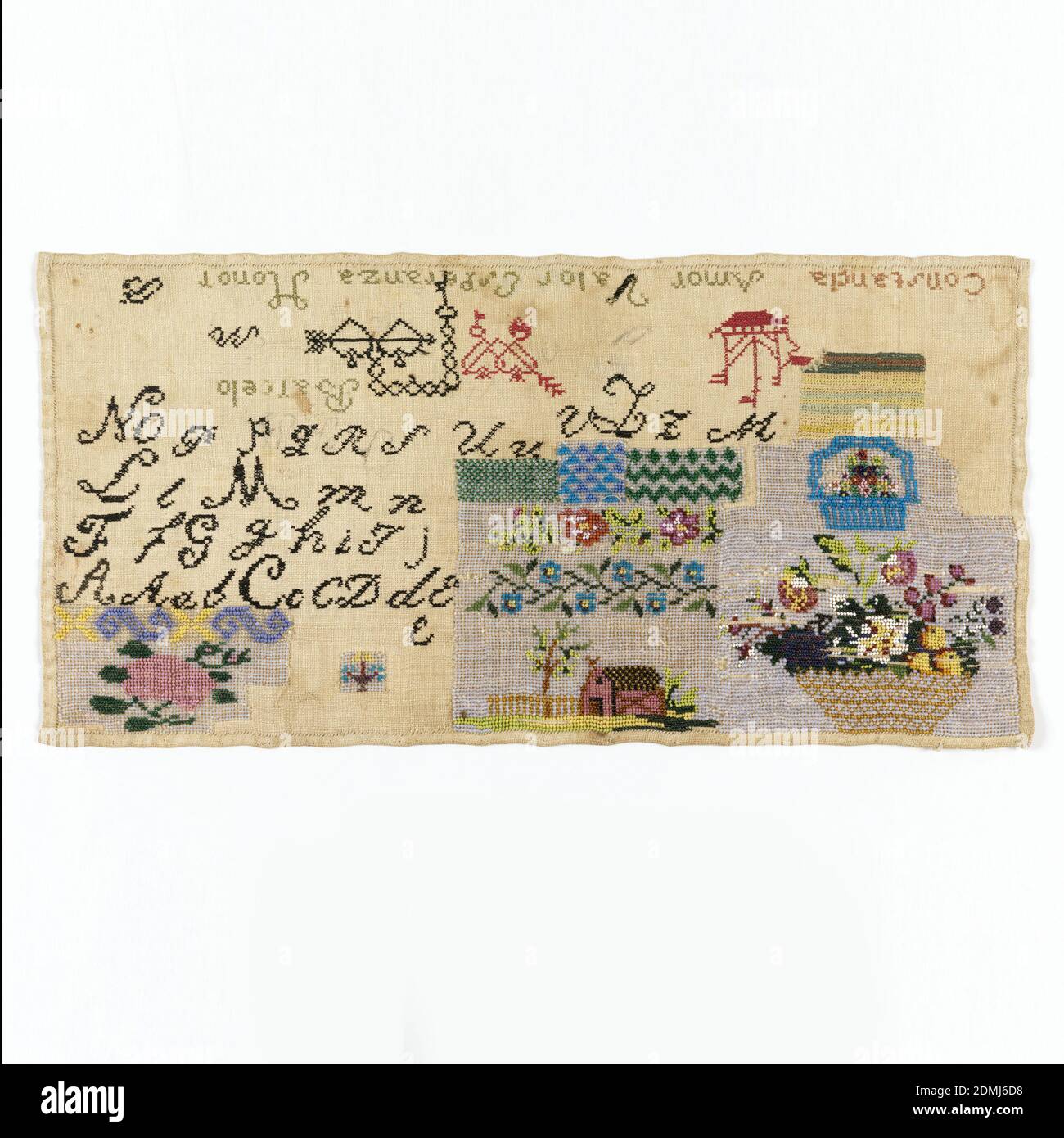 Sampler, Medium: silk, glass beads, linen Technique: cross stitch and ...