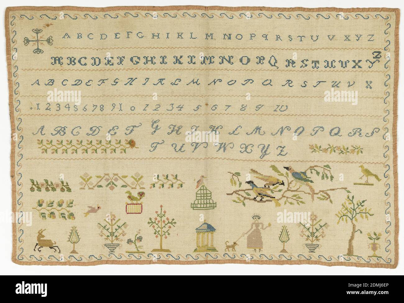 Sampler, Medium: silk embroidery on linen foundation Technique: cross ...