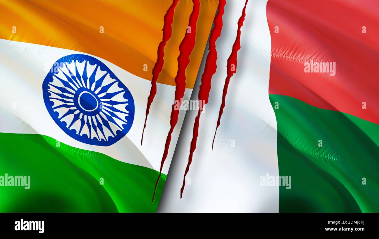 India and Madagascar flags with scar concept. Waving flag,3D rendering ...
